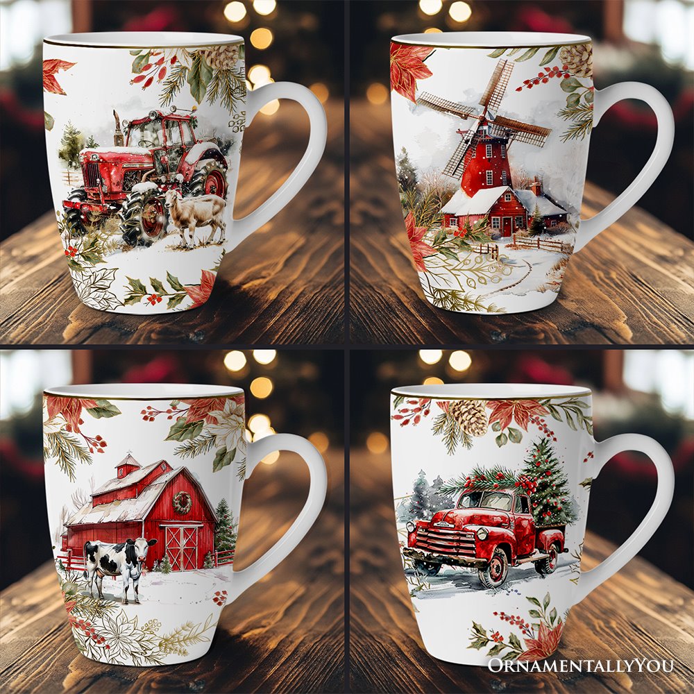 Fancy Farmhouse Holiday Set of 4 Ceramic Mugs | OrnamentallyYou