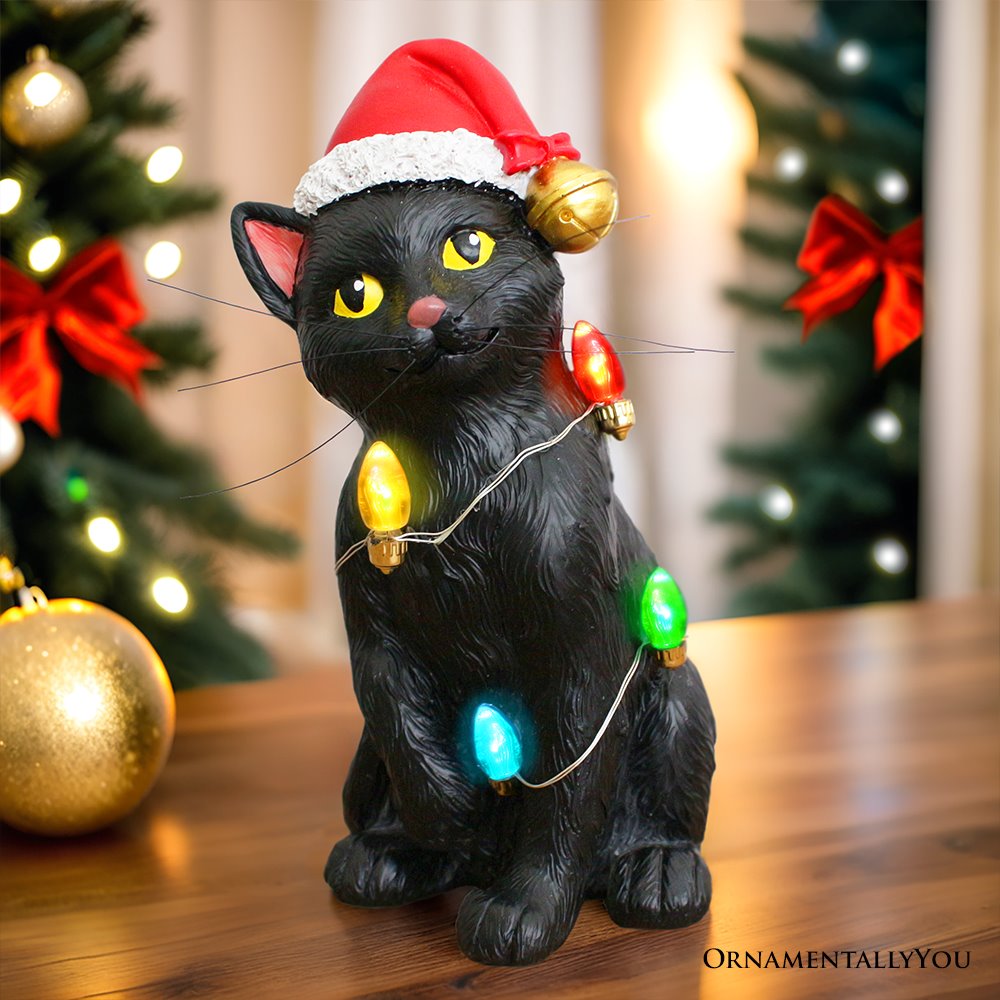 Festive Black Cat with LED Lights Figurine | OrnamentallyYou
