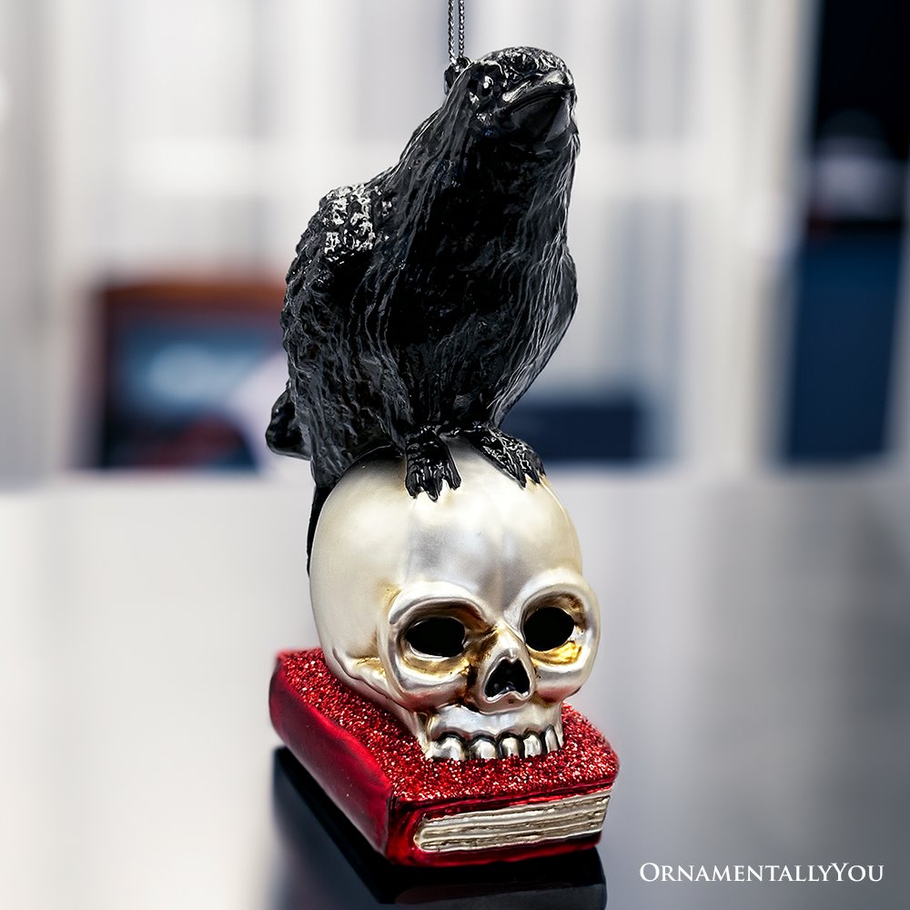 Raven on Skull and Book Glass Ornament | OrnamentallyYou