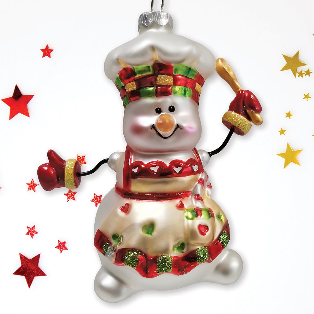 Cheerful Holiday Snowman Chef Glass Ornament | OrnamentallyYou