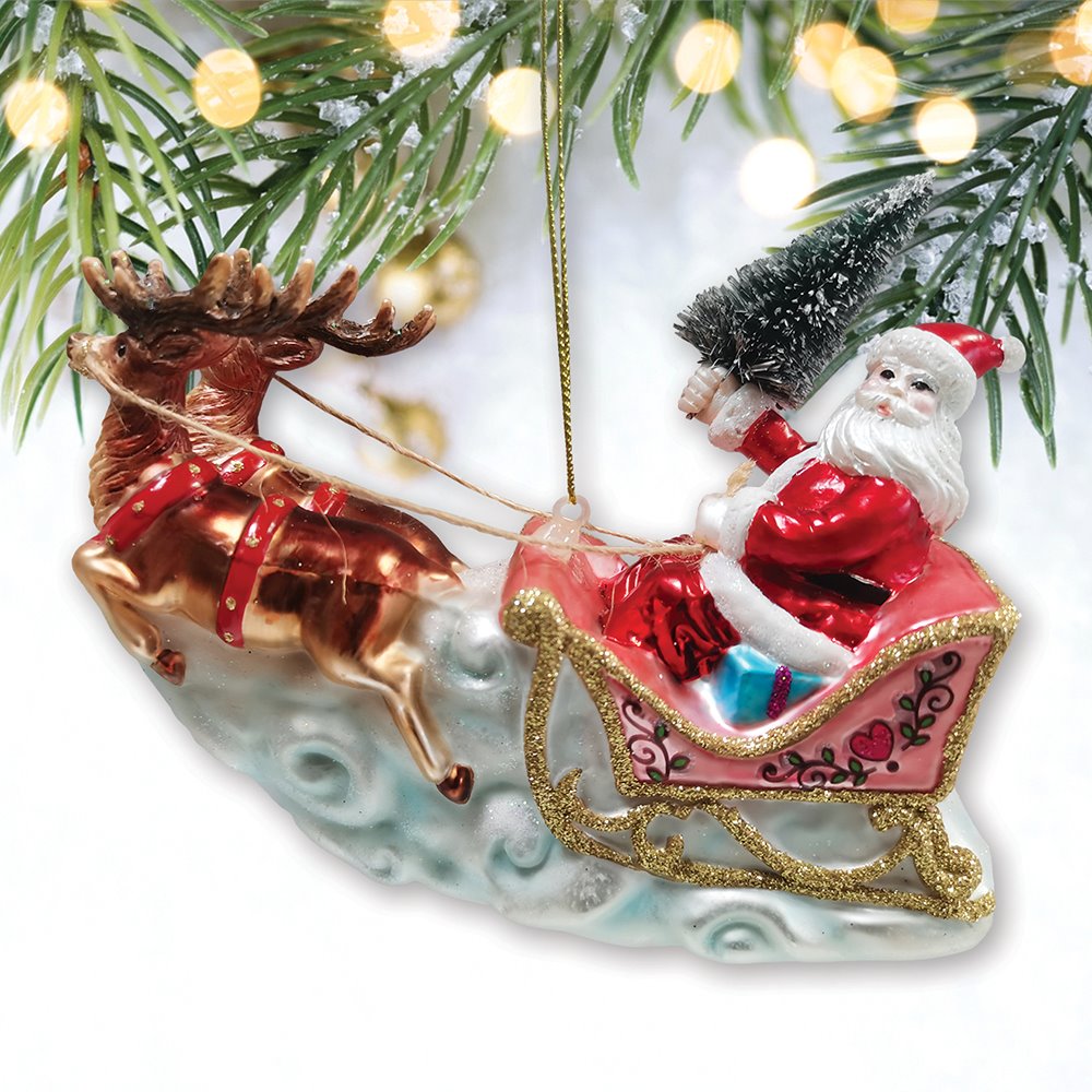 Santa Sleigh and Reindeer Elegant Christmas Ornament | OrnamentallyYou